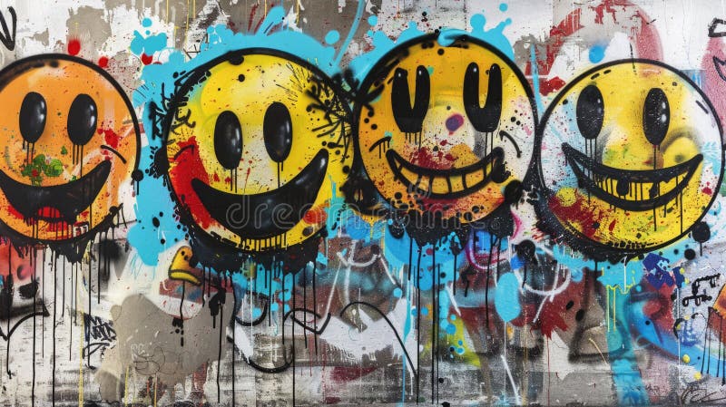 Bright Graffiti Art Featuring Multiple Colorful Smiley Faces on a ...