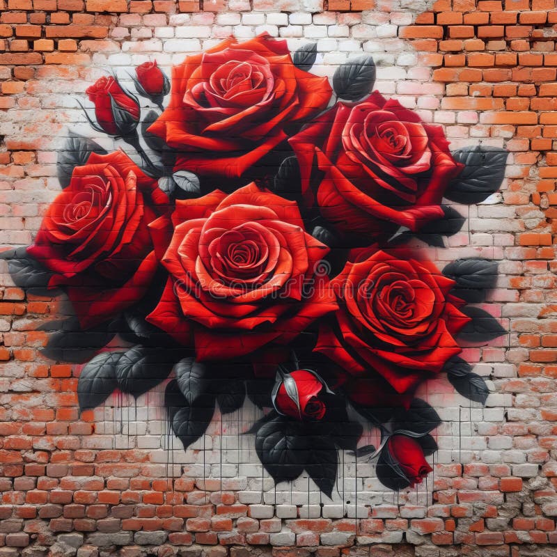 Bright Graffiti of Blooming Red Roses on a Brick Wall. Stock Image ...