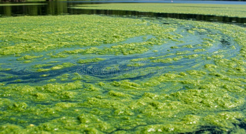 Bright Green Algae Bloom on a Calm Lake Surface Stock Illustration - Illustration of flora ...