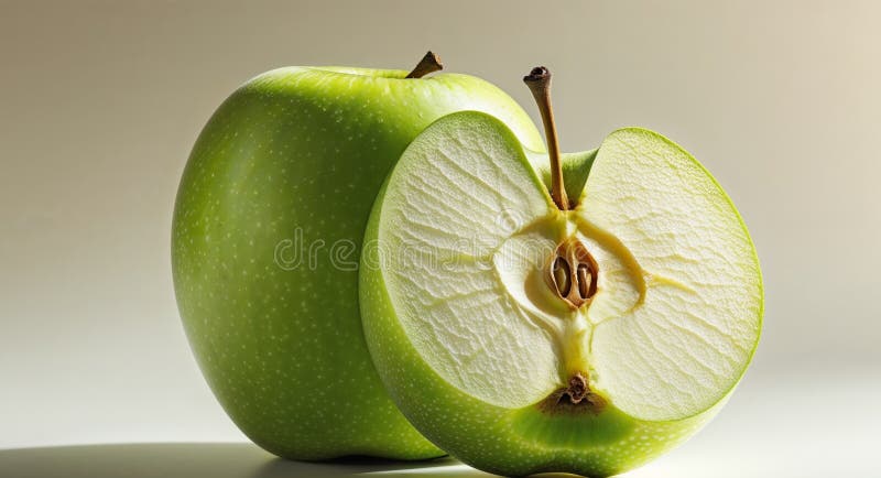 Bright Green Apple Cut in Half Showcasing Its Crisp Texture and Seeds ...