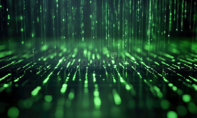 Bright Green Binary Code Data Streams Falling Creating A Digital Matrix Effect And A Futuristic