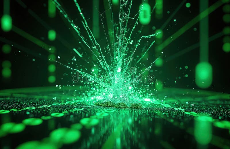 Bright Green Binary Code Forms Shattered Digital Matrix, Bursting with Vivid Glowing Light ...