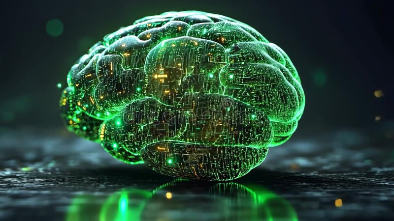 A Glowing Green Brain Sculpture with Digital Patterns Illuminated on a ...