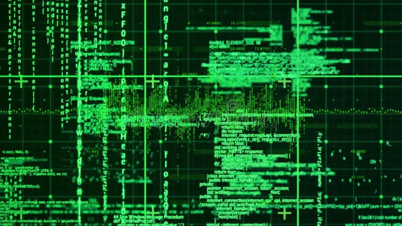 Bright Green Code Overlay Scrolling Across Dark Grid, Showing Intersecting Axes and Data Markers ...