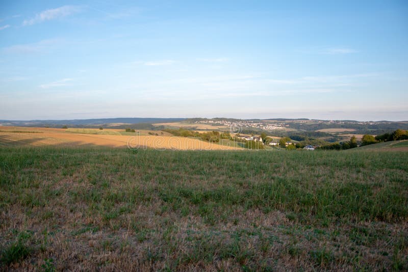 Bright Green Field Near Light Brown Land Under a Clear Blue Sky Stock ...