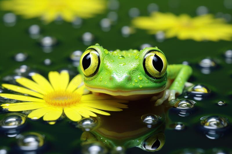A Bright Green Frog on a Dew-covered Lily Pad in a Tranquil Pond Stock ...