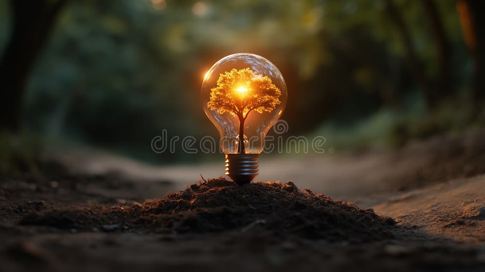 Bright Green Future Tree Growing Inside Light Bulb in Soil Stock ...