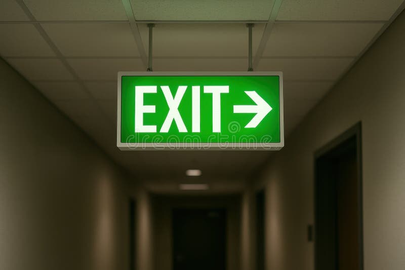 Bright Green Illuminated EXIT Sign with Right Arrow Hanging in a Dimly ...