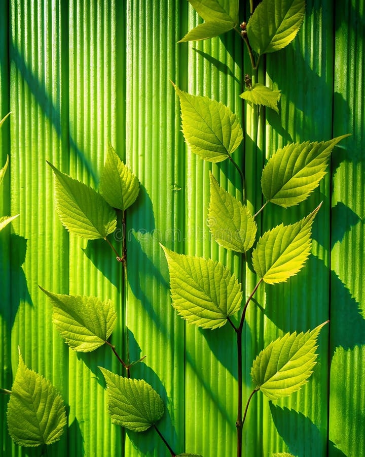 Bright Green Leaves Casting Distinct Shadows on a Vertical Textured ...