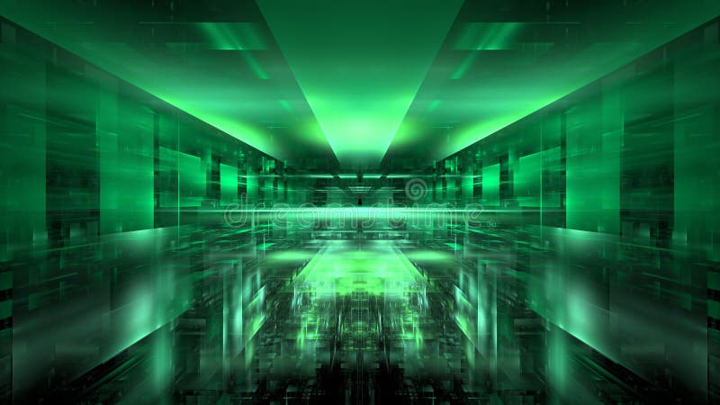 Bright Green Light Fills a Digital Landscape with Layered Geometric ...