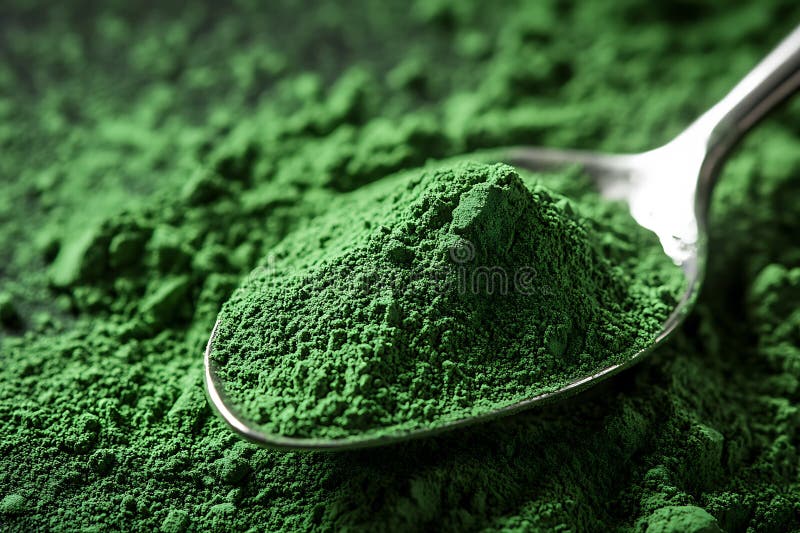 Bright Green Matcha Powder in Silver Spoon on Dark Textured Background ...