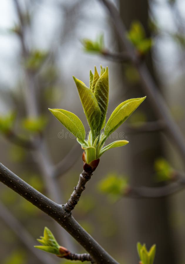 Bright Green New Leaves Budding on a Branch in Spring Stock Illustration - Illustration of ...