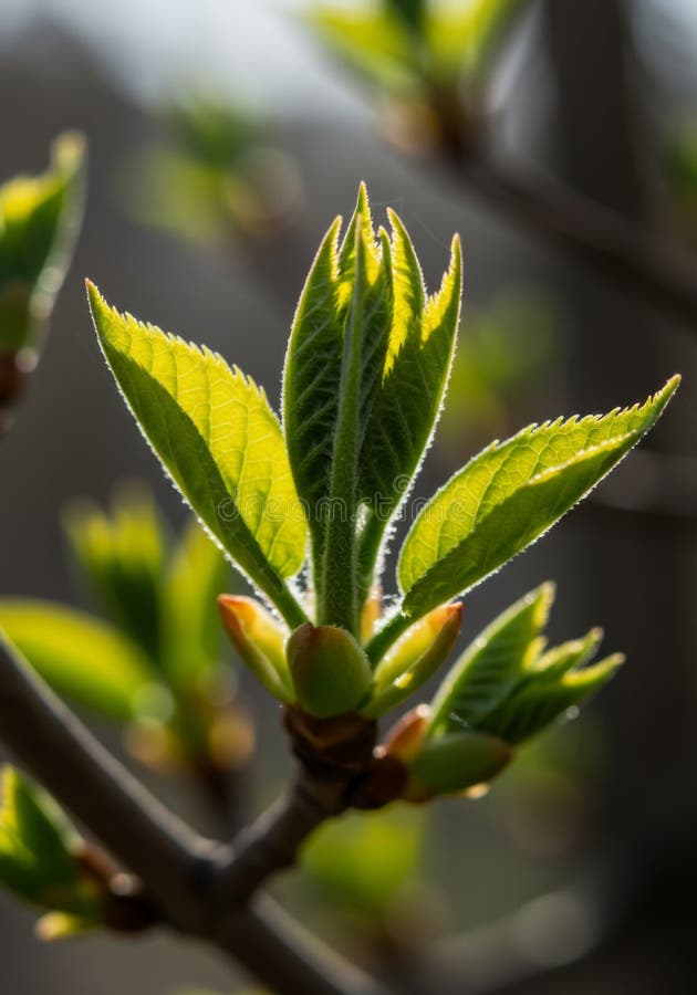 Bright Green New Leaves Unfolding in Spring Sunlight Stock Illustration ...