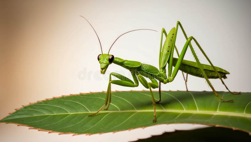 A Bright Green Praying Mantis Perched on a Leaf in a Studio Setting ...
