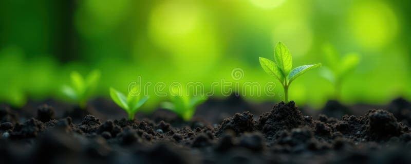 Bright Green Shoots Push through Dark Soil, Blurred Background , Spring ...