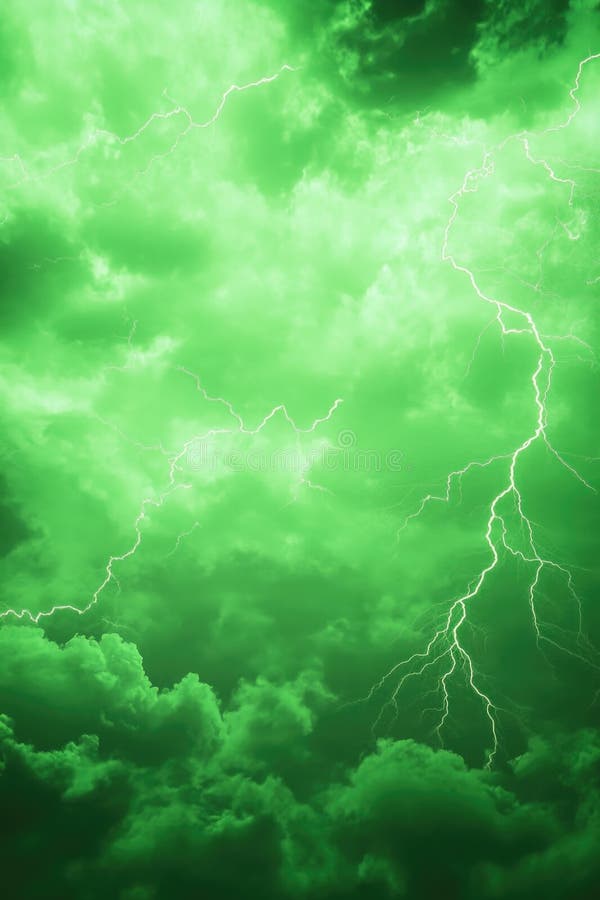 A Bright Green Sky Filled with Multiple Lightning Bolts Stock Image ...
