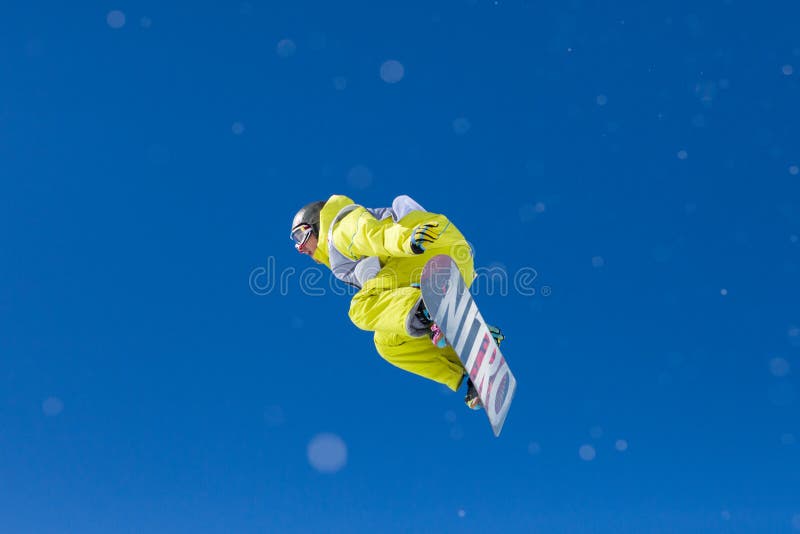 Bright Green Snowboarder Mid Air Side View Editorial Image - Image of ...
