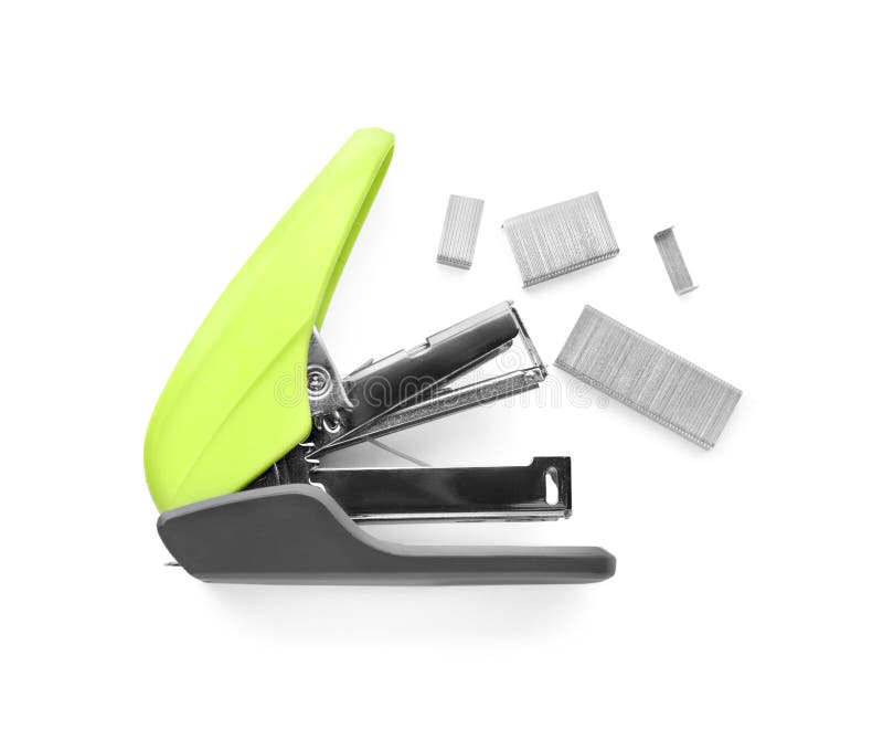 Bright Green Stapler with Staples Isolated on White, Top View Stock Photo - Image of business ...