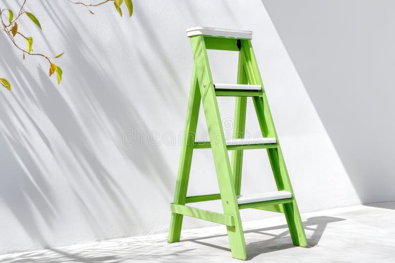 Bright Green Step Ladder Standing Against a White Wall Casting Shadows ...