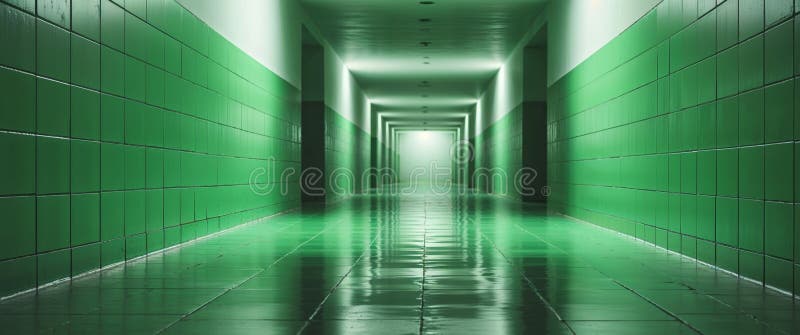 Bright Green Tiled Corridor with Reflective Wet Floor Stock Image ...