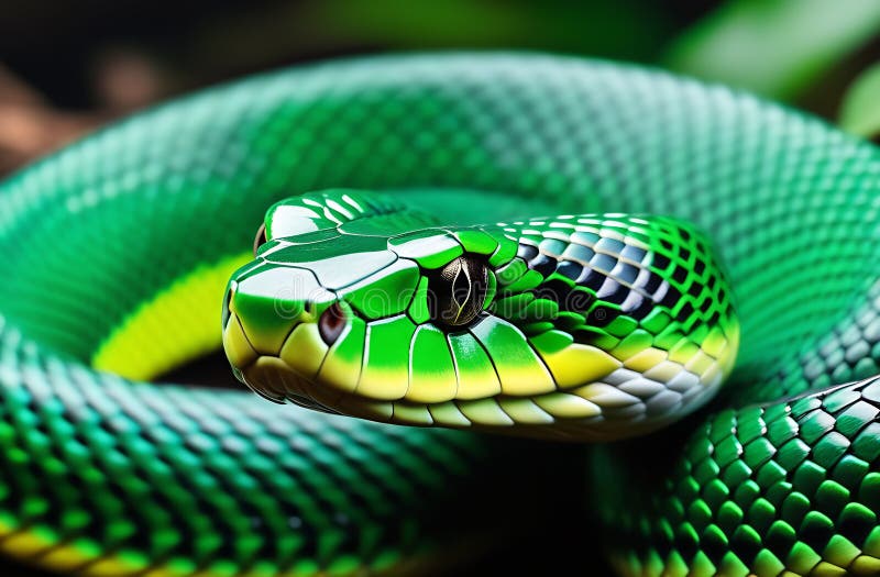 A Bright Green Venomous Snake Curled Up in a Ring Stock Illustration ...