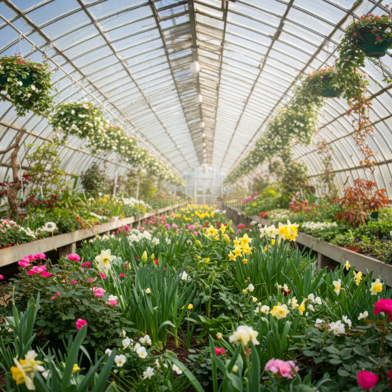 Bright Greenhouse Filled with Colorful Spring Flowers Stock ...