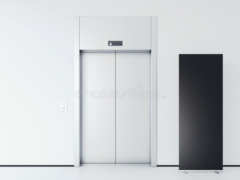 Bright Hall with Elevator and Vertical Banner. 3d Rendering Stock ...