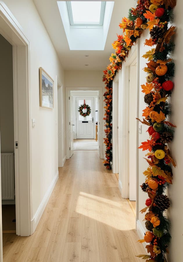 Bright Hallway Decorated with Autumn Garland Stock Illustration ...