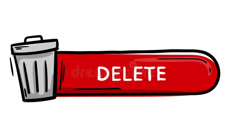 Bright Hand Draw Red Button with Text Delete and Trash Can Icon. Vector ...