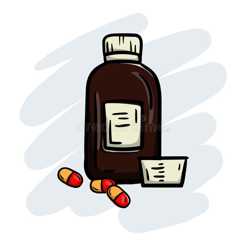 Bright Hand Drawn Doodle Illustration with Medicines. Cough Syrup with ...