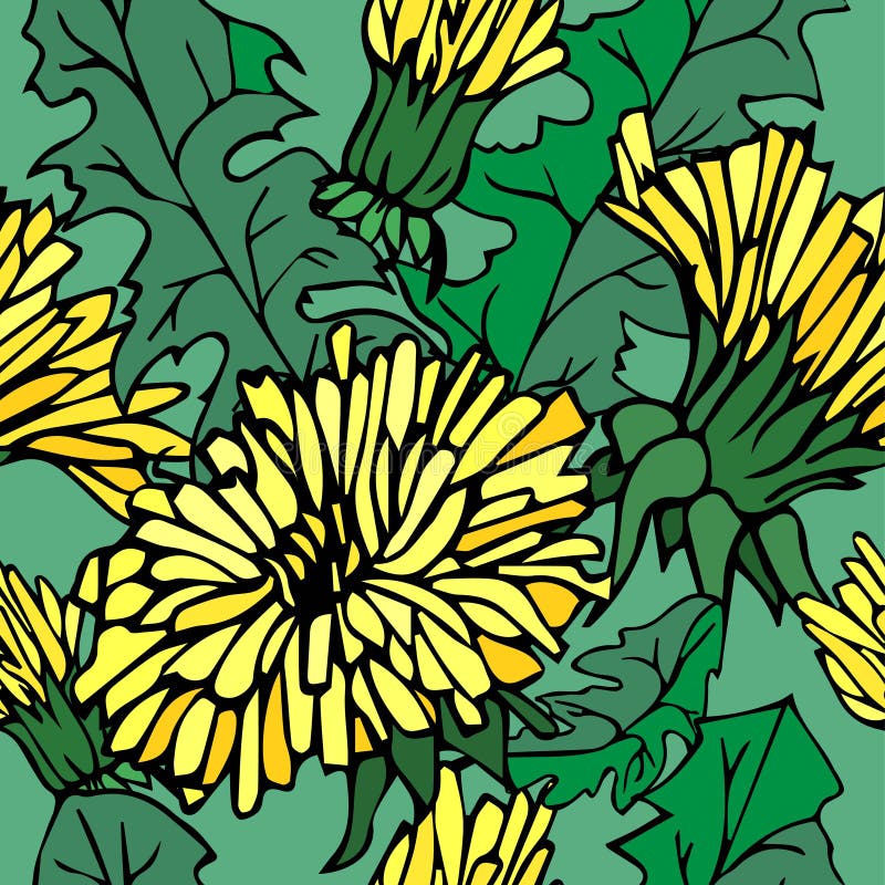 Bright Hand-drawn Pattern with Yellow Flowers and Leaves Stock Vector ...