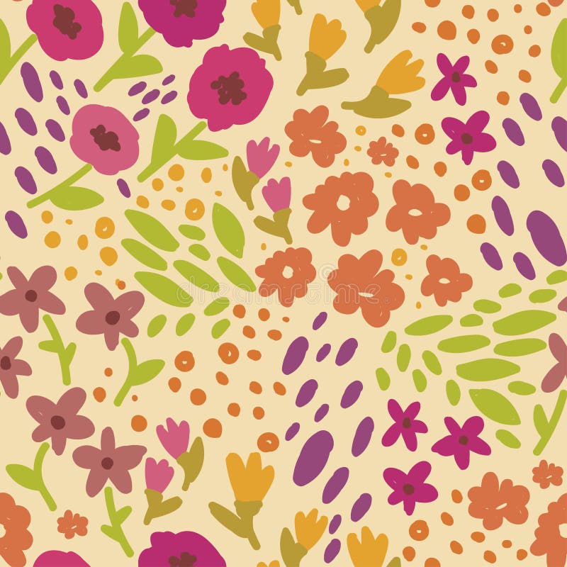 Happy Seamless Pattern with Doodleflowers and Leaves, Summer Style ...
