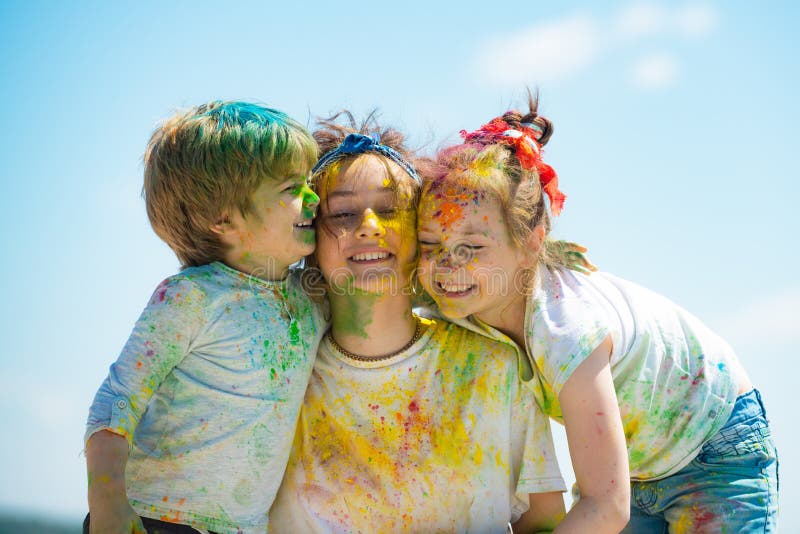 Bright and Happy Kids Playing with Colored Powder. Stock Image - Image ...