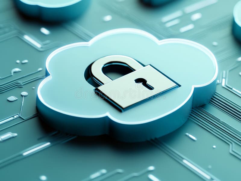 Bright Holographic Digital Cloud Glowing with Embedded Lock and Surrounded by Dynamic Particle ...