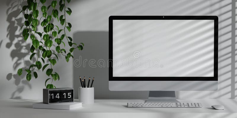 Bright Home Office with Desktop Computer and Greenery - Productive ...