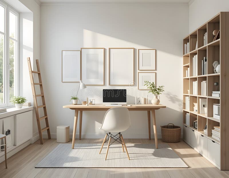 Bright Home Office Setup with Desk, Computer, and Picture Frames Stock ...