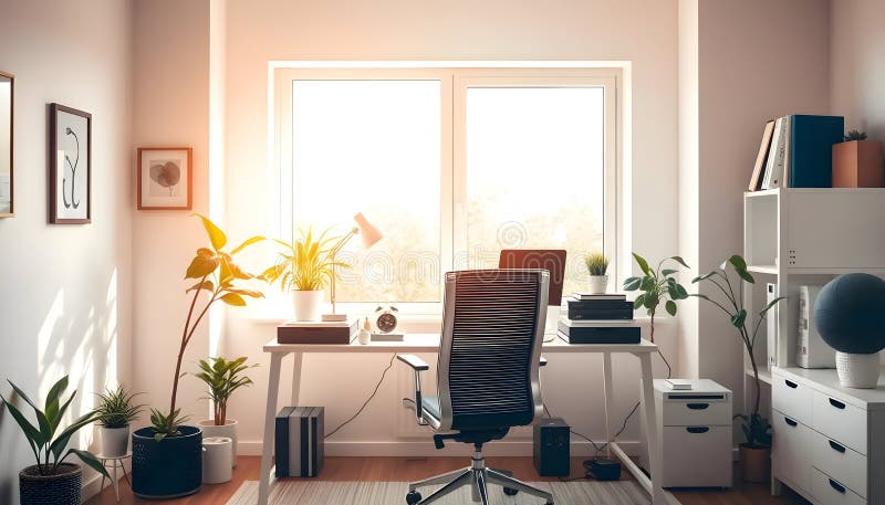 Bright Home Office Setup with Desk Plants and Natural Light Stock Photo ...