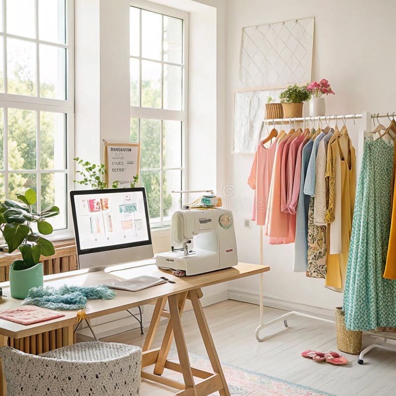 Bright Home Office with Sewing Machine, Clothing Rack, and Computer. (1 ...