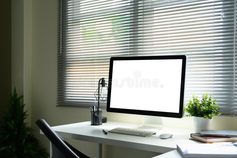 Bright Home Office Workspace Featuring an Empty Monitor Display, Ready ...