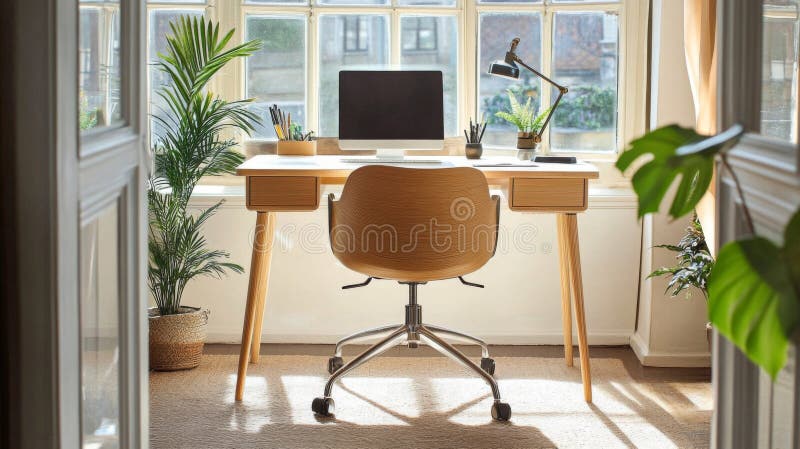 Bright Home Office Workspace with Wooden Desk and Plants Stock ...