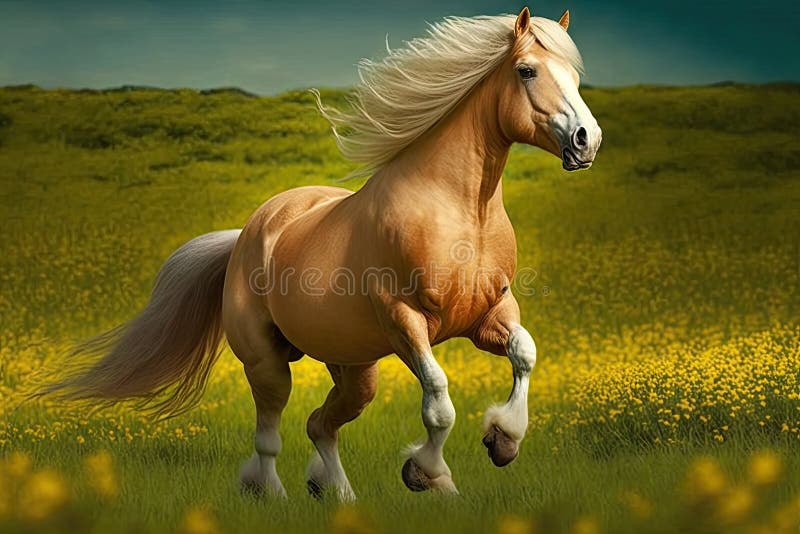 Bright Horse with Yellow Mane is Dancing in Meadow Stock Illustration ...