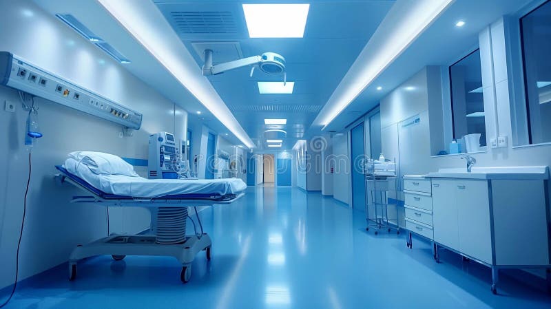 Bright Hospital Corridor Features a Patient Bed and Advanced Medical ...