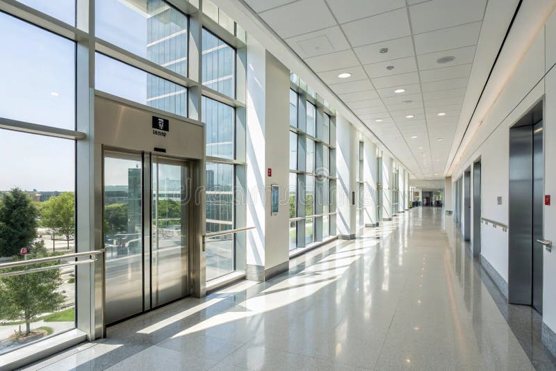 Bright Hospital Hallway with Sleek Elevators Stock Illustration ...