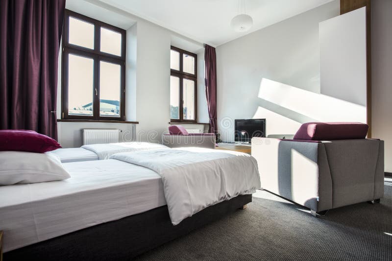 Bright Hotel Room with Two Beds Stock Photo - Image of apartment ...