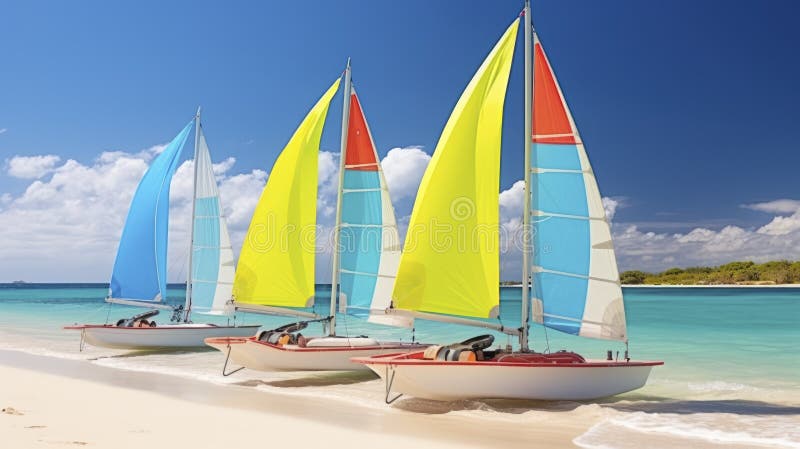The Bright Hues of Sail Catamarans Along the Beach Stock Illustration ...