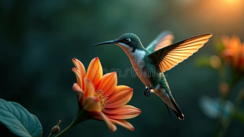 Bright Hummingbird Bird Over a Flower on a Dark Background Stock Photo ...
