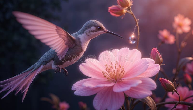 Bright Hummingbird Bird Over a Flower on a Dark Background Stock Image ...