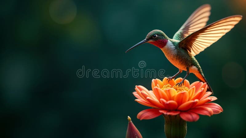 Bright Hummingbird Bird Over a Flower on a Dark Background Stock Photo ...