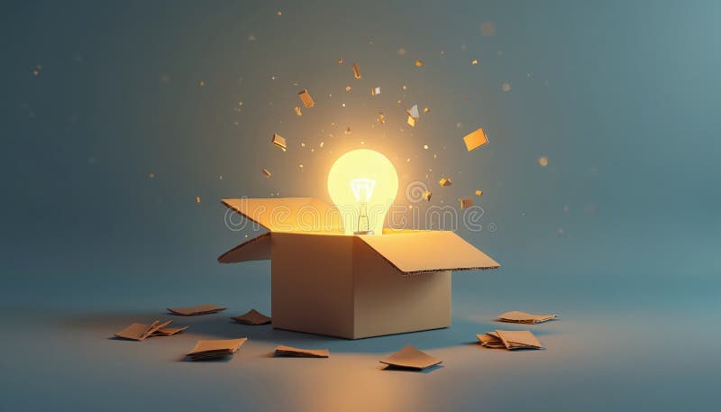 Bright Idea Concept. Light Bulb Breaks through Box. Minimalist Design ...