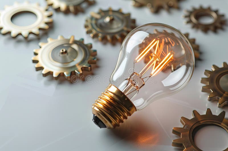 Bright Idea Concept with a Light Bulb and Gears on a Transparent White ...